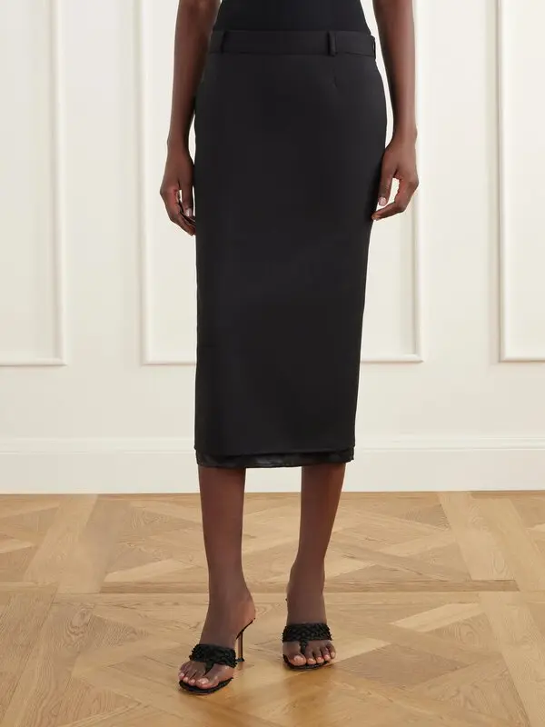 Attico Layered Satin-trimmed Wool-blend Garbadine Midi Skirt