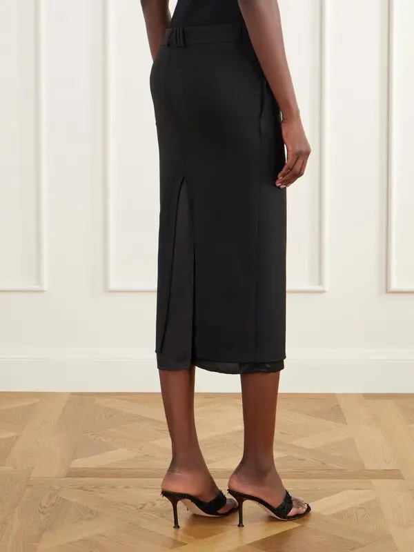 Attico Layered Satin-trimmed Wool-blend Garbadine Midi Skirt