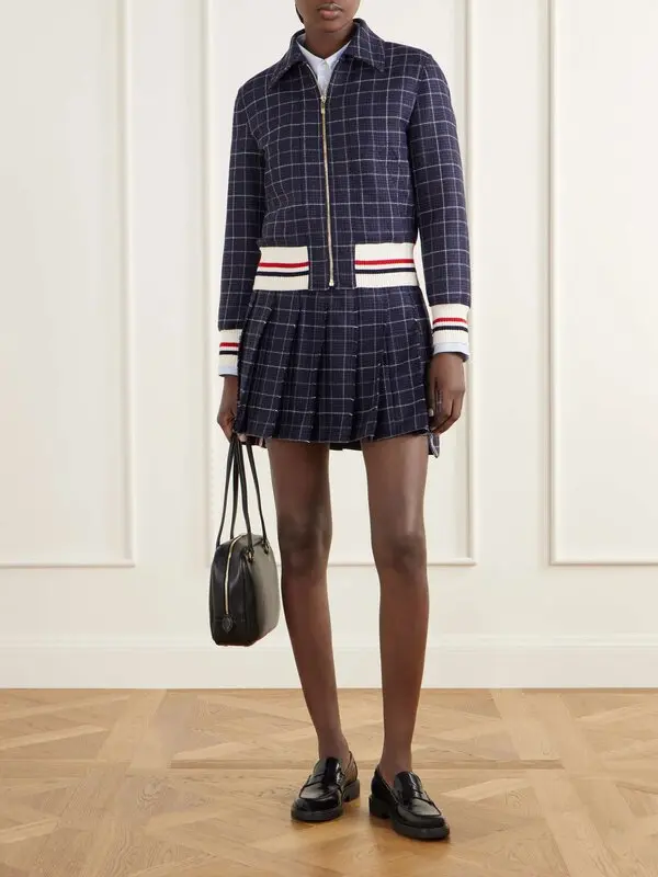 Thom Browne Frayed Pleated Checked Mini Skirt