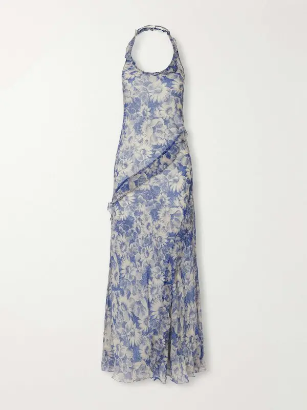SIR. Lilia Open-back Ruffled Floral-print Crepon Halterneck Maxi Dress - Blue