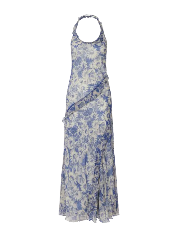 SIR. Lilia Open-back Ruffled Floral-print Crepon Halterneck Maxi Dress - Blue