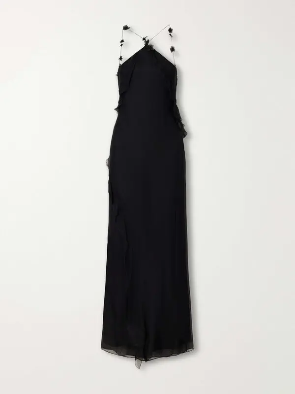 SIR. Lysia Open-back Embellished Ruffled Crepe Silk Halterneck Maxi Dress - Black