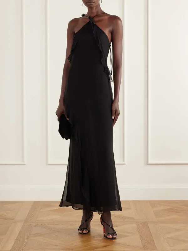 SIR. Lysia Open-back Embellished Ruffled Crepe Silk Halterneck Maxi Dress