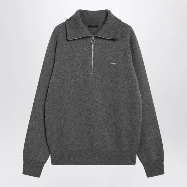 Prada Slate Grey Polo Sweater In Wool And Cashmere - Gray