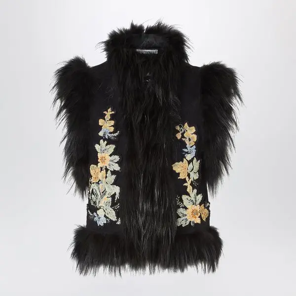 Fendi Wool Waistcoat With Embroidery And Fox Fur Trim - Black