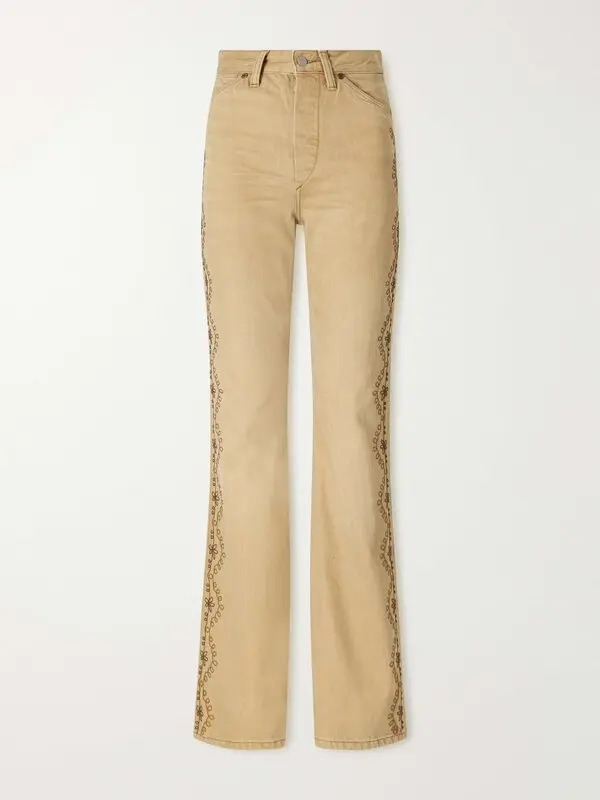 Ralph Lauren Floral-embroidered Cotton Flared Pants - Tan