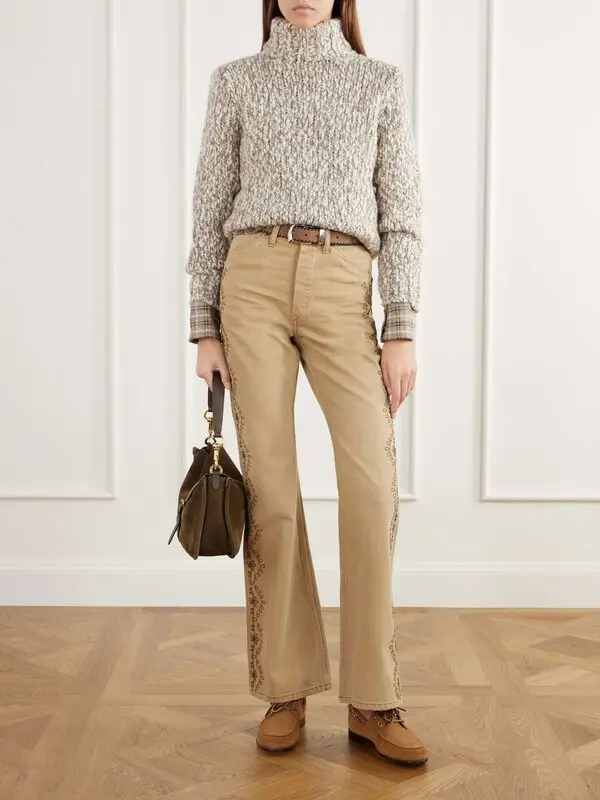Ralph Lauren Floral-embroidered Cotton Flared Pants - Tan
