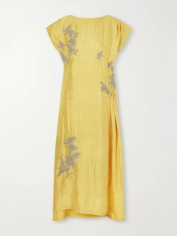 KARTIK RESEARCH Embroidered Pleated Crinkled Silk-dupioni Midi Dress