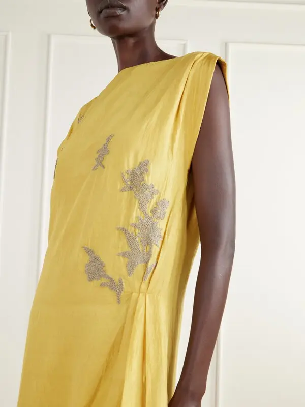 KARTIK RESEARCH Embroidered Pleated Crinkled Silk-dupioni Midi Dress