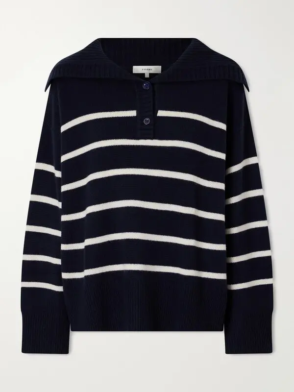 FRAME Striped Cashmere Polo Shirt - Blue