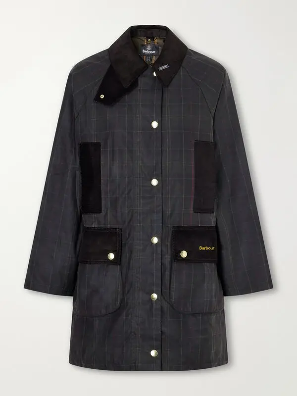 Barbour Checked Corduroy-trimmed Waxed-cotton Coat - Green