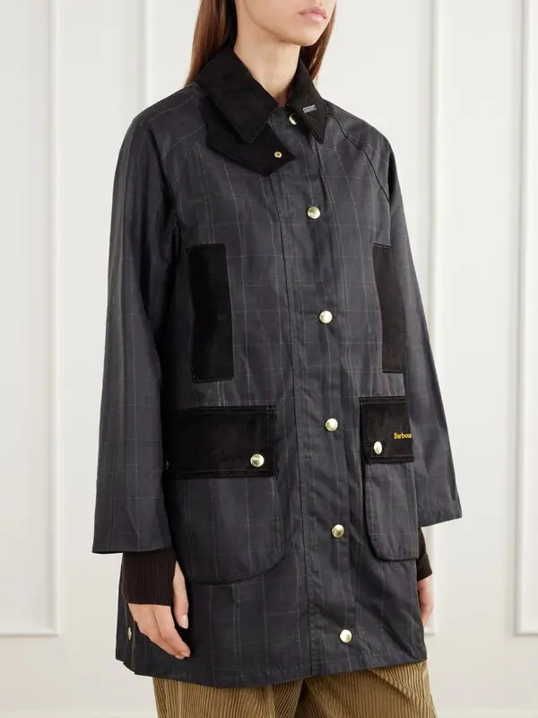 Barbour Checked Corduroy-trimmed Waxed-cotton Coat - Green