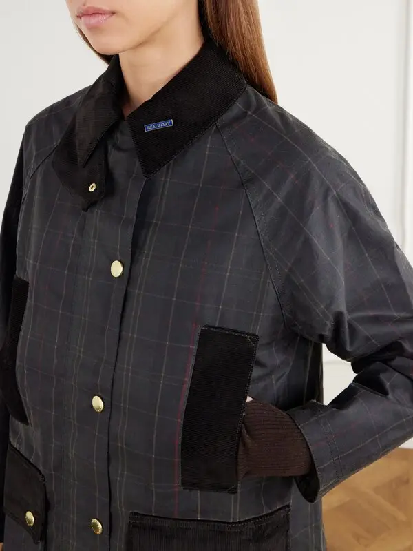 Barbour Checked Corduroy-trimmed Waxed-cotton Coat - Green