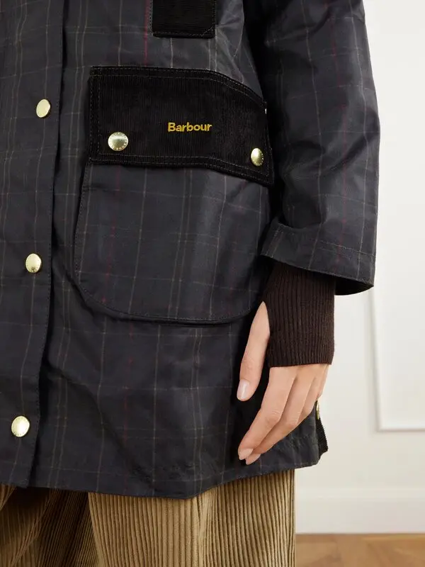 Barbour Checked Corduroy-trimmed Waxed-cotton Coat - Green