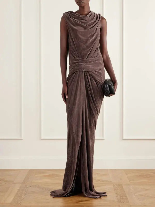 Rick Owens Strutter Draped Velvet Floor-length Gown
