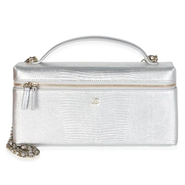 Chanel Lizard Embossed Calfskin Top Handle Slim Vanity With Chain - Silver