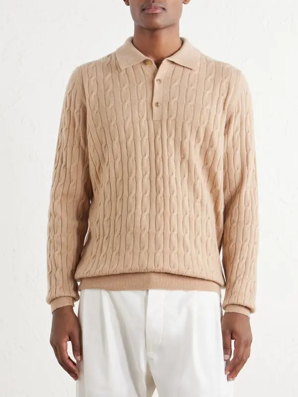 GHIAIA Cable-knit Cashmere Polo Sweater - Brown