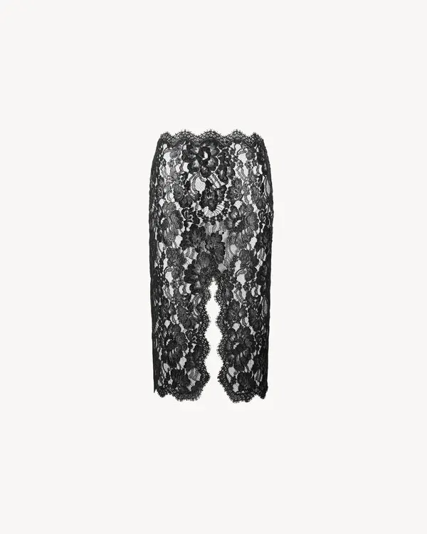 Saint Laurent Split Pencil Skirt In Silicone-coated Lace - Noir