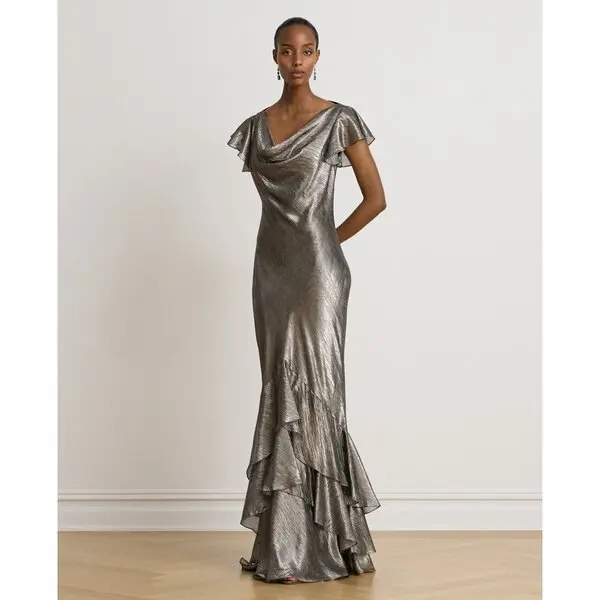 Ralph Lauren Paisley Metallic Ruffle-trim Gown
