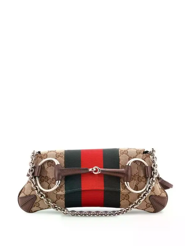 Gucci Horsebit Nm Web Chain Clutch Gg Canvas Small Shoulder Bag - Brown
