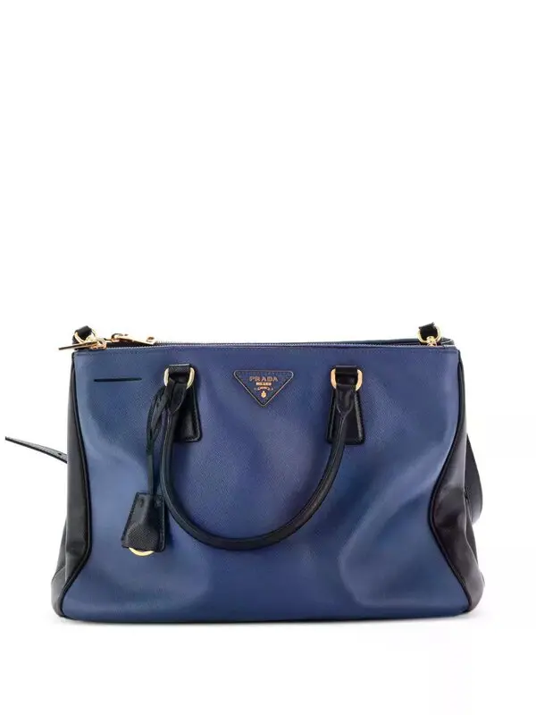 Prada Bicolor Double Zip Lux Saffiano Leather Medium Tote Bag - Blue