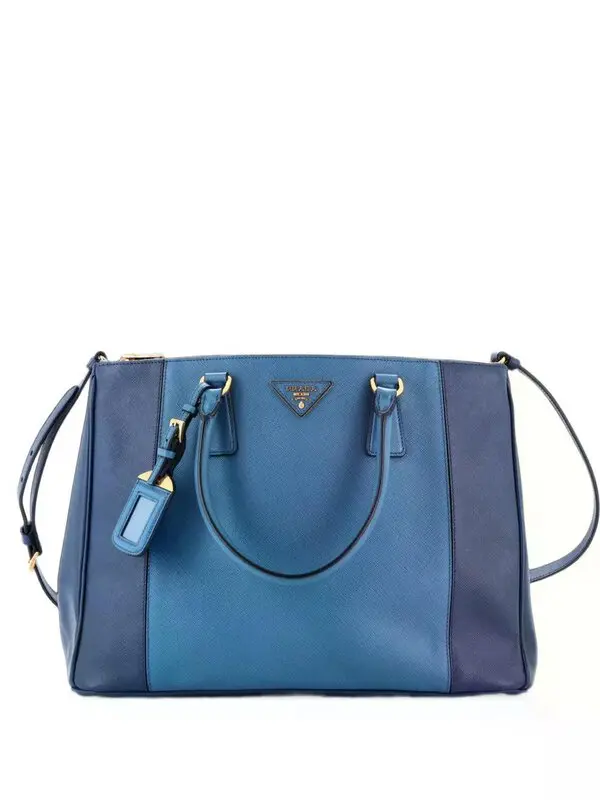 Prada Bicolor Double Zip Lux Saffiano Leather Medium Tote Bag - Blue