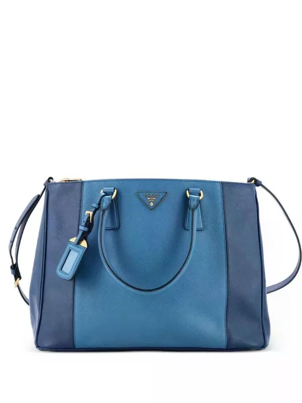 Prada Bicolor Double Zip Lux Saffiano Leather Medium Tote Bag - Blue