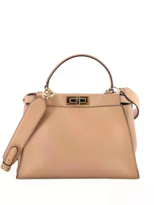 Fendi Peekaboo Iconic Bag Leather With Pequin Canvas Interior Regular Tote Bag - Neutrals