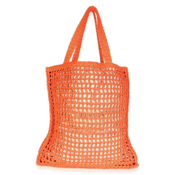 Prada Arancio Yarn Raffia Effect Logo Crochet Tote - Orange