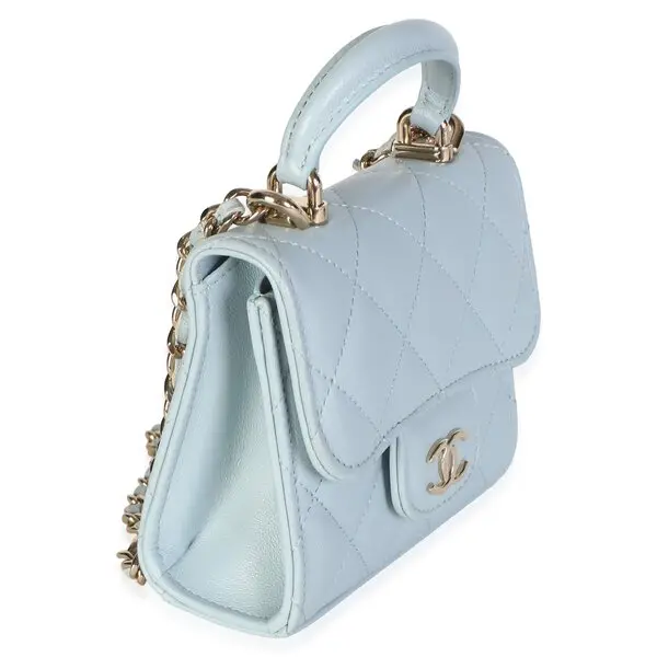 Chanel Light Quilted Lambskin Top Handle Clutch With Chain
