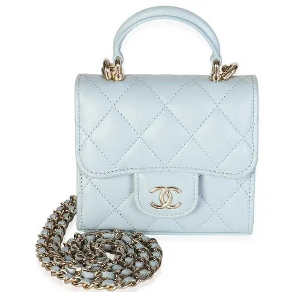 Chanel Light Quilted Lambskin Top Handle Clutch With Chain - Blue