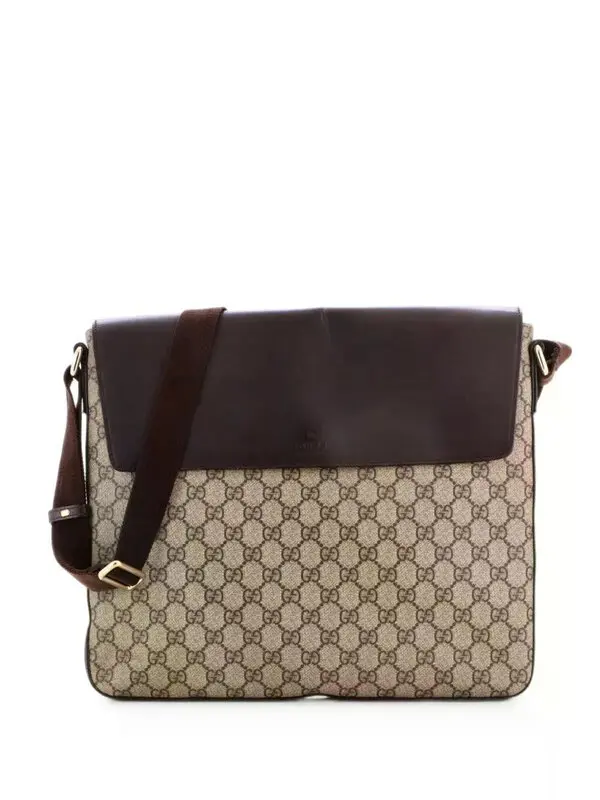 Gucci Flap Messenger Bag Gg Coated Canvas With Leather Large Crossbody Bag - Brown