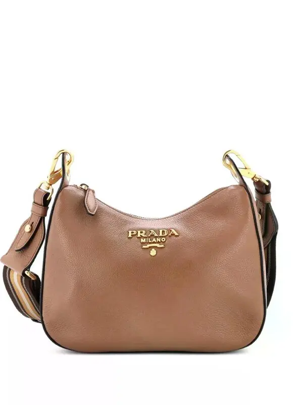 Prada Striped Strap Zip Hobo Vitello Phenix Small Crossbody Bag - Brown