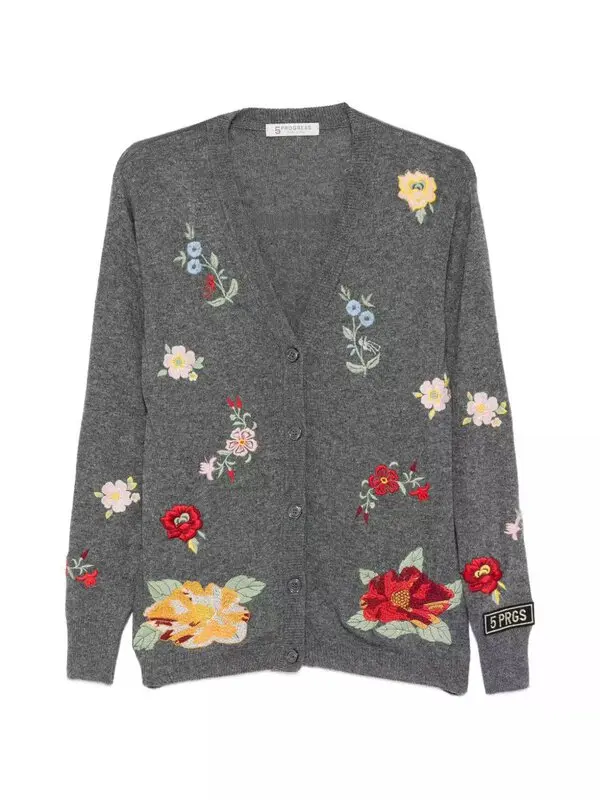 5 PROGRESS Floral-embroidered Cardigan - Grey