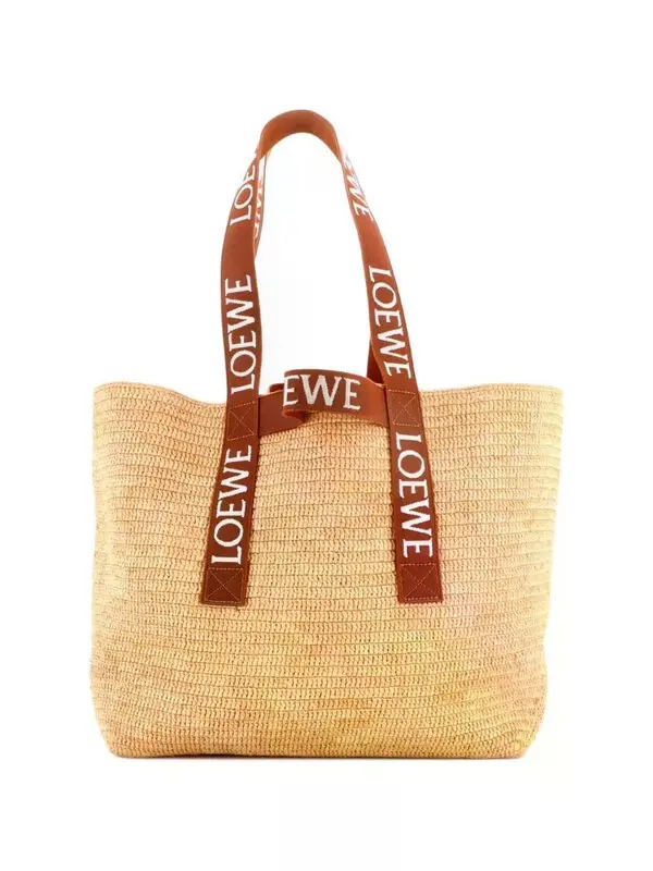 Loewe Fold Logo Strap Raffia Medium Tote Bag - Brown