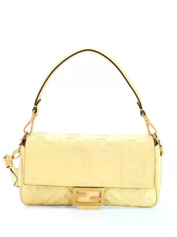 Fendi Baguette Nm Bag Zucca Embossed Leather Medium Crossbody Bag - Yellow