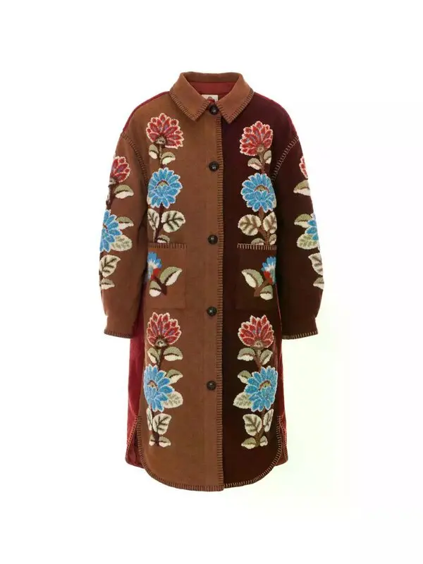 Farm Rio Floral-embroidered Blanket-stitch Coat - Brown