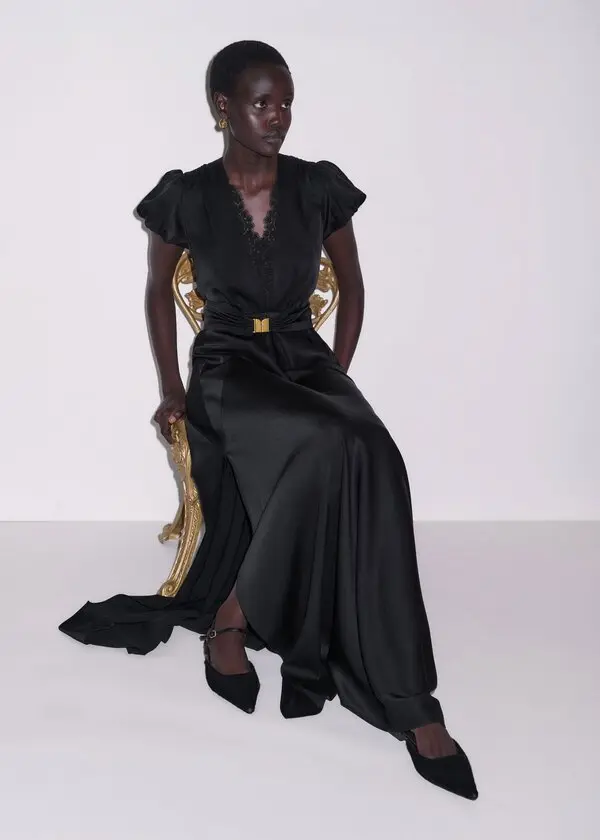 ME+EM Satin Draped Evening Full Length Dress + Modesty Panel