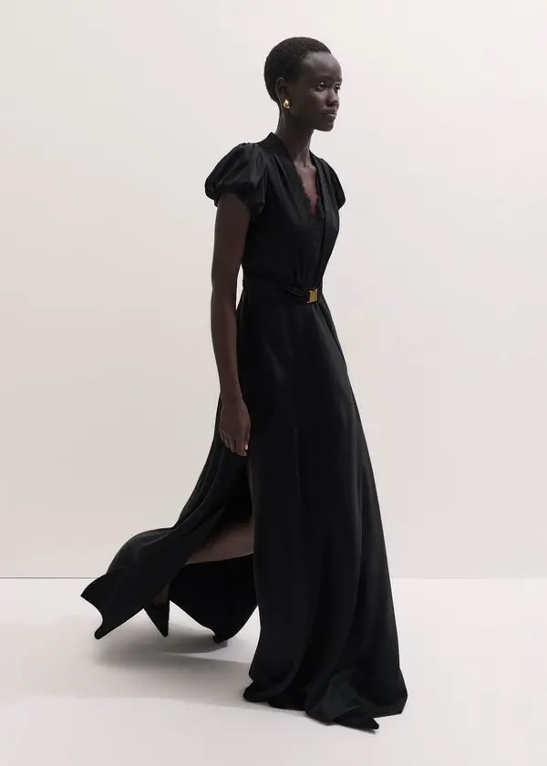 ME+EM Satin Draped Evening Full Length Dress + Modesty Panel - Black