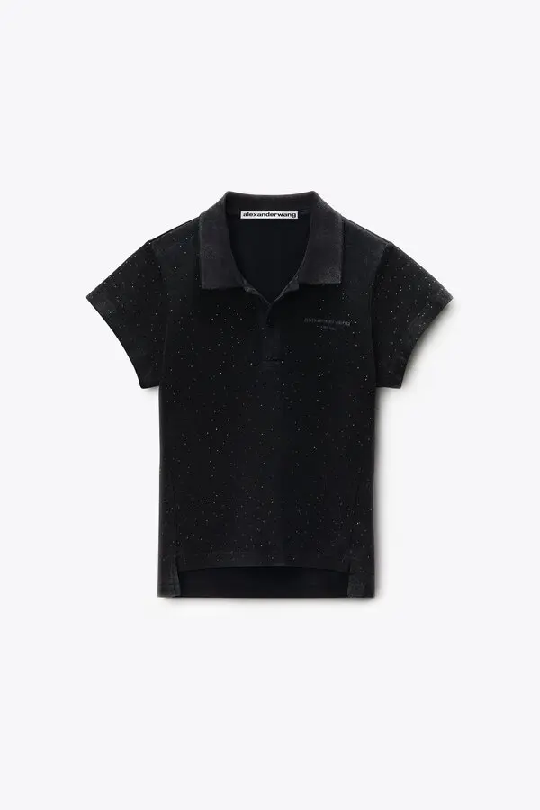Alexander Wang Allover Crystal Hotfix Shrunken Polo Tee - Sidewalk