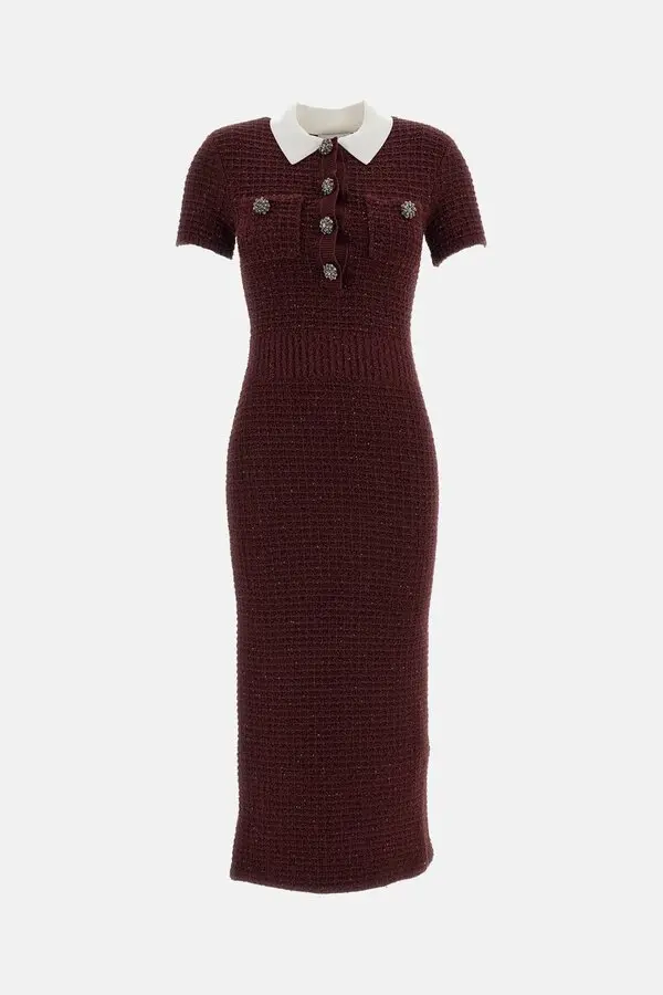 SELF-PORTRAIT Burgundy Textured Knit Midi Dress - Multicolor