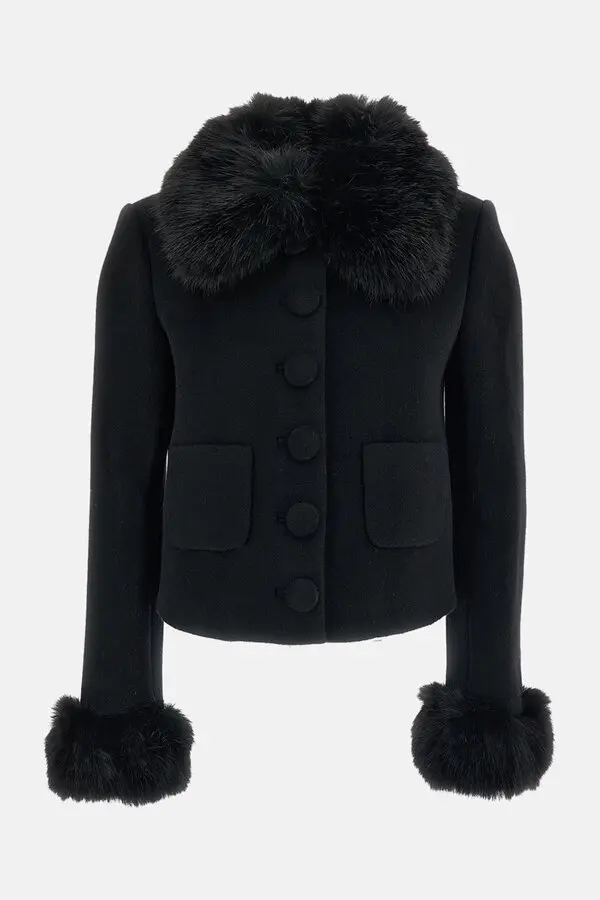 SELF-PORTRAIT Black Wool Fur Cuff Jacket - Multicolor