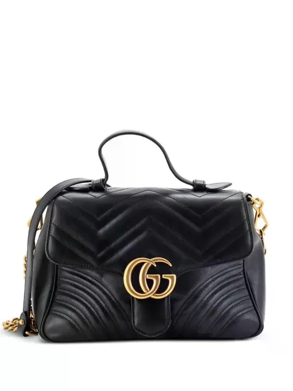 Gucci Gg Marmont Top Handle Flap Bag Matelasse Leather Small Satchel - Black