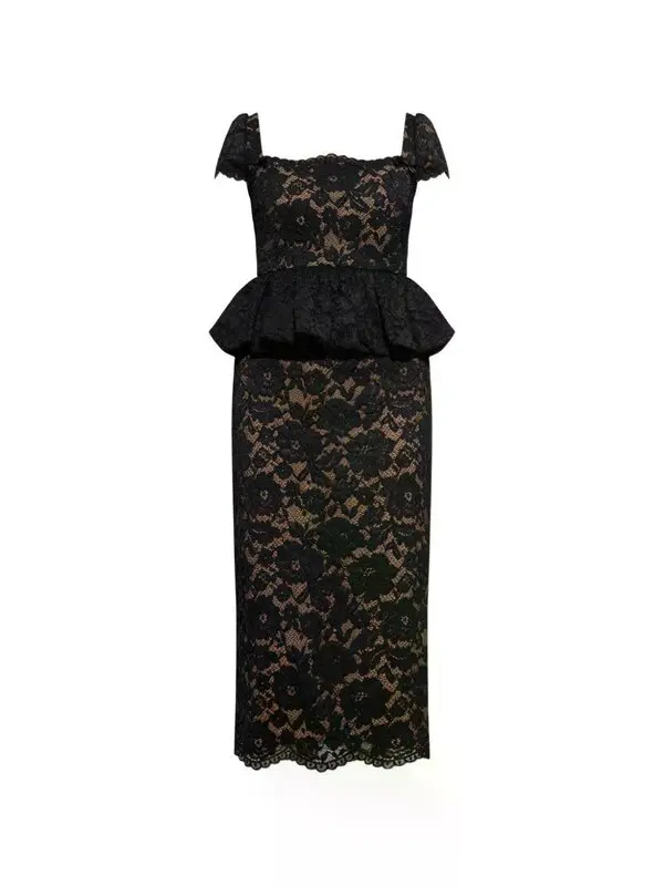 SELF-PORTRAIT Peplum-waist Lace-overlay Midi Dress