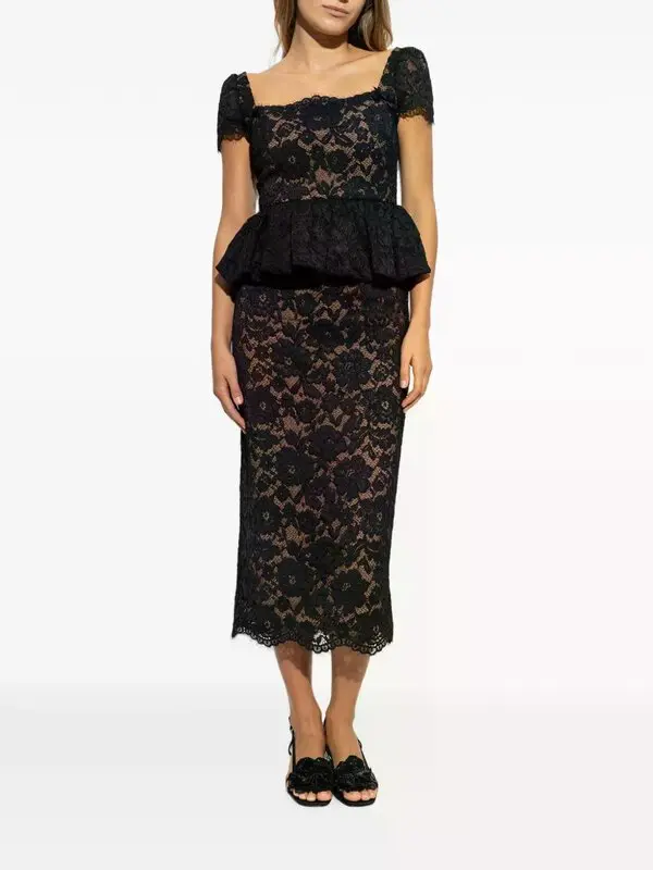SELF-PORTRAIT Peplum-waist Lace-overlay Midi Dress