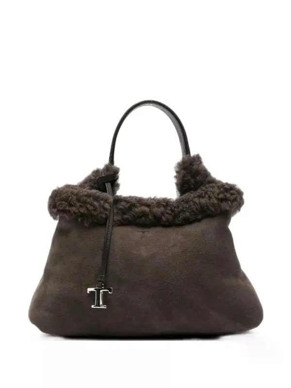 TOD'S Shearling-trim Suede Shoulder Bag - Grey