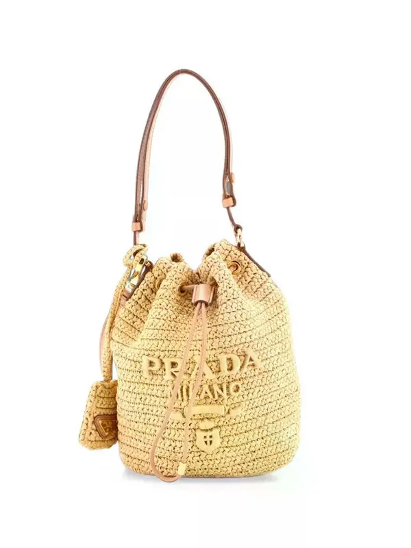 Prada Logo Raffia Mini Bucket Bag - Neutrals