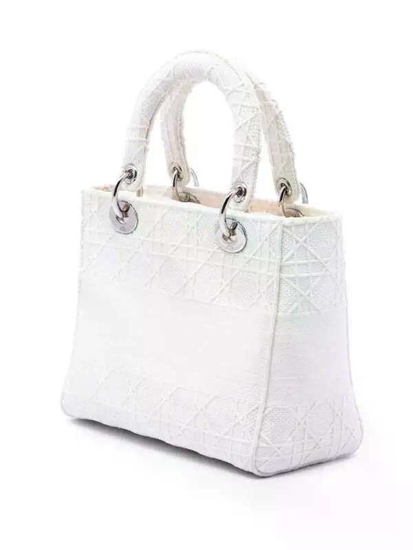 Dior 2020 Medium Embroidered Canvas Cannage Lady D Lite Satchel - White