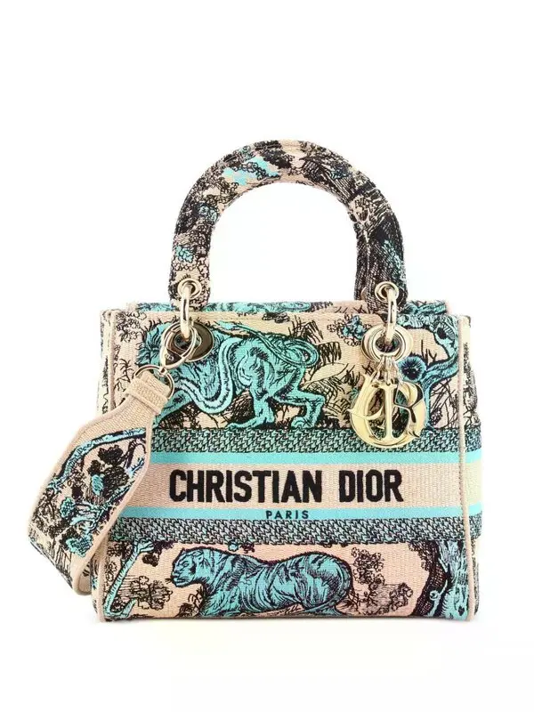 Dior Lady D-lite Bag Embroidered Canvas Medium Satchel - Blue