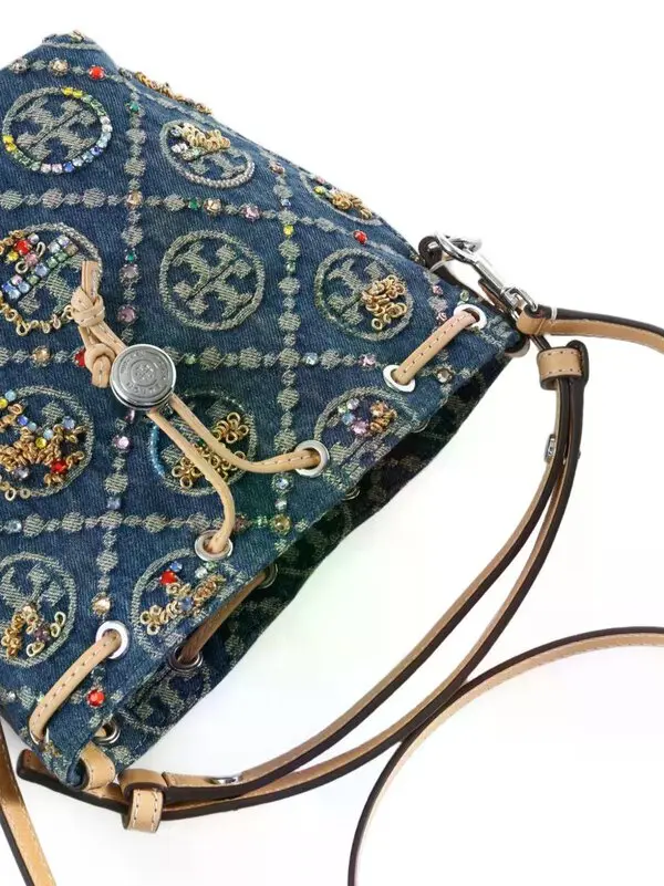 Tory Burch T Monogram Denim Embellished Mini Bucket Bag